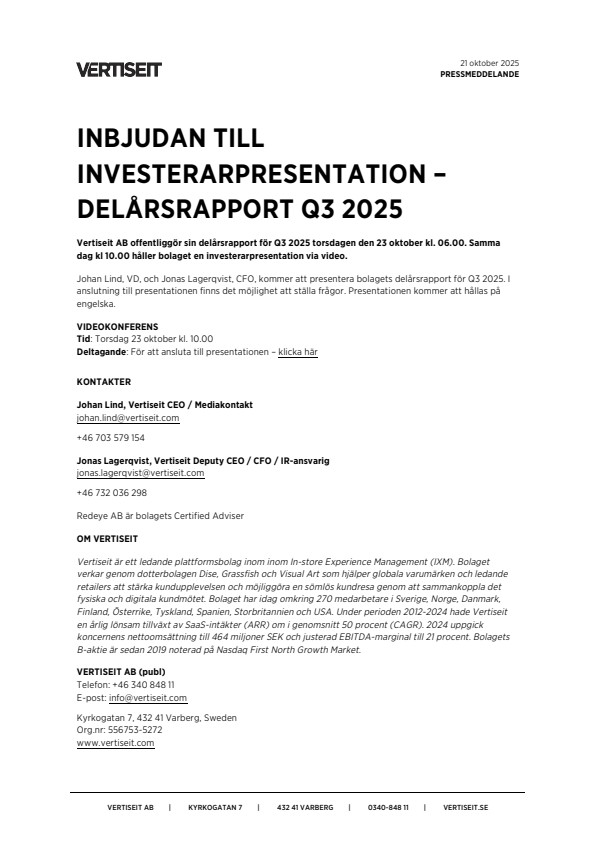 Inbjudan till investerarpresentation – delårsrapport Q3 2025 - Vertiseit