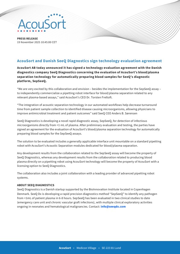 AcouSort and Danish SeeQ Diagnostics sign technology evaluation ...