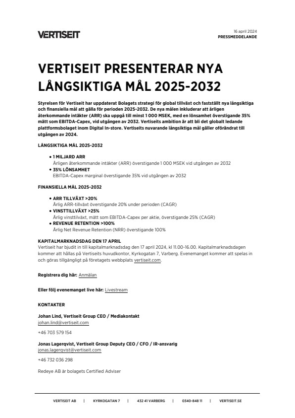 Vertiseit presenterar nya långsiktiga mål 2025-2032 - Vertiseit