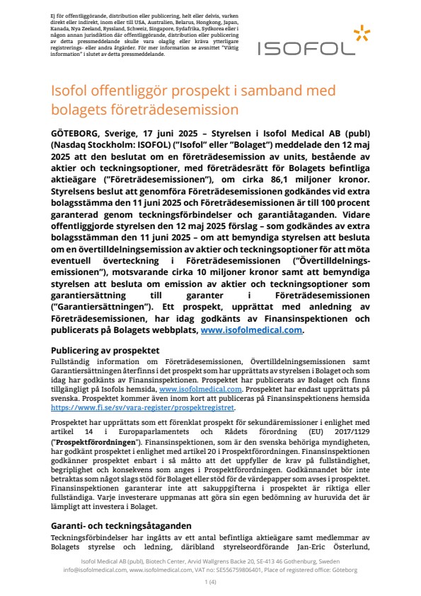 Isofol offentliggör prospekt i samband med bolagets företrädesemission