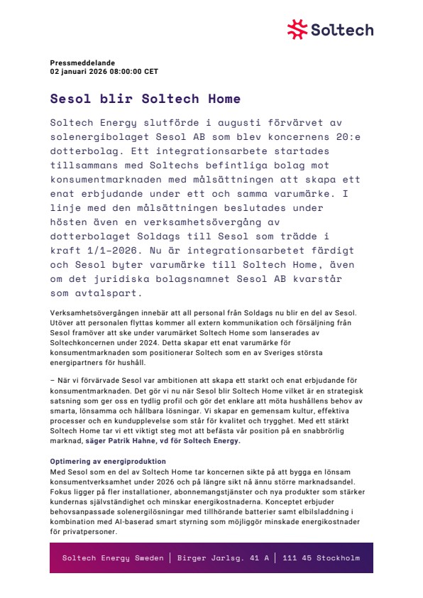 Sesol blir Soltech Home | Soltech Energy – Vi är solteknologi