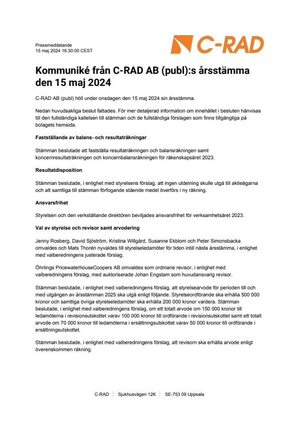 Kommuniké från C-RAD AB (publ):s årsstämma den 15 maj 2024 - C-RAD