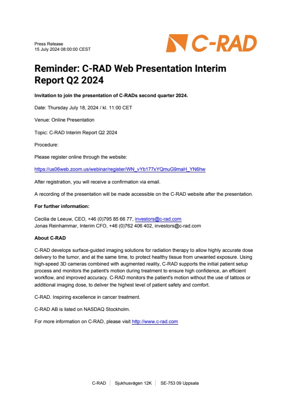 Reminder: C-RAD Web Presentation Interim Report Q2 2024 - C-RAD