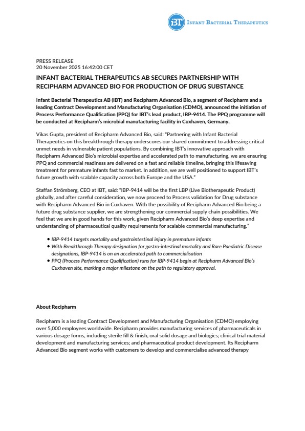 IBT | Infant Bacterial Therapeutics AB secures partnership with ...