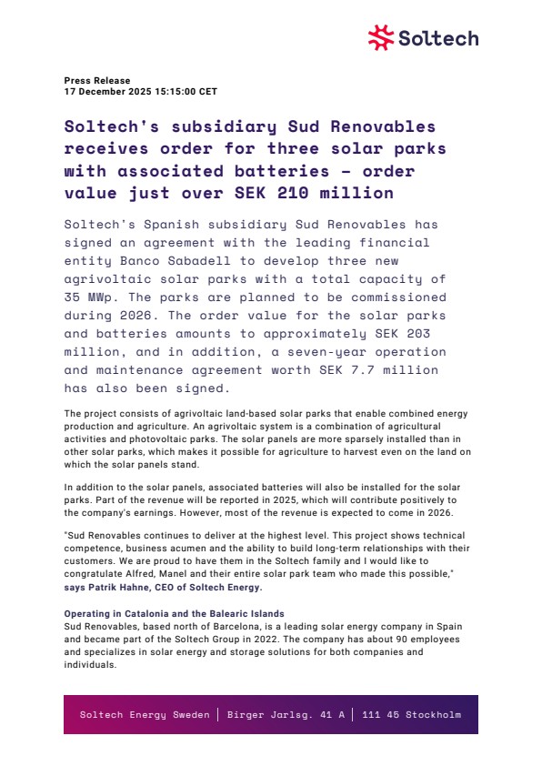 Soltech’s subsidiary Sud Renovables receives order for three solar ...