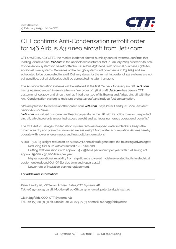 CTT confirms Anti-Condensation retrofit order for 146 Airbus A321neo aircraft from Jet2.com ...
