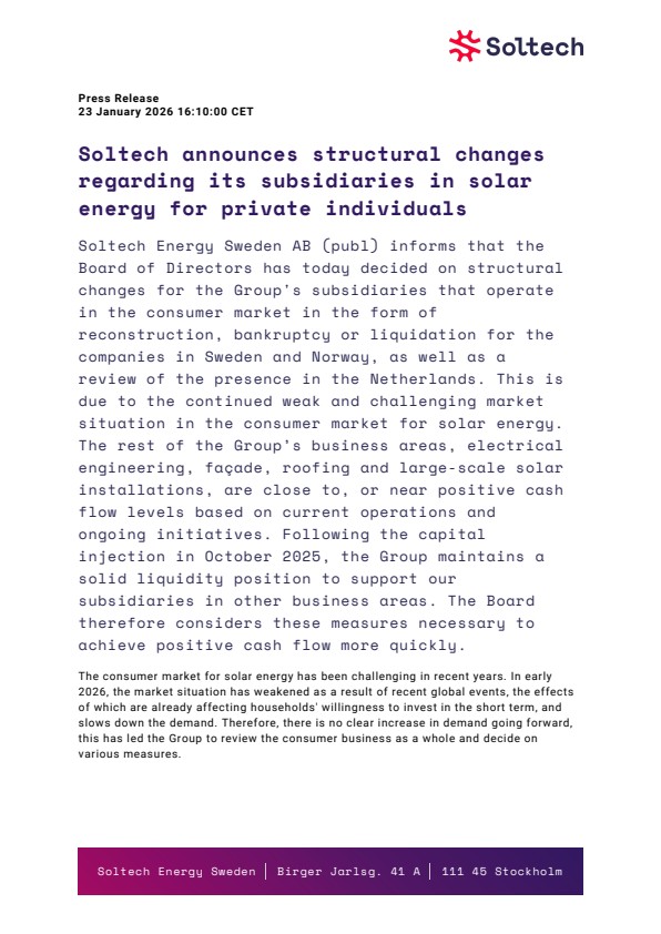 Soltech announces structural changes regarding its subsidiaries in solar energy for private ...