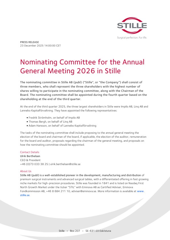 Nominating Committee for the Annual General Meeting 2026 in Stille - STILLE