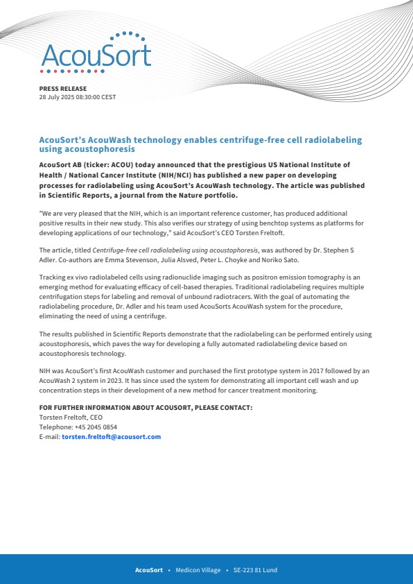 AcouSort’s AcouWash technology enables centrifuge-free cell ...