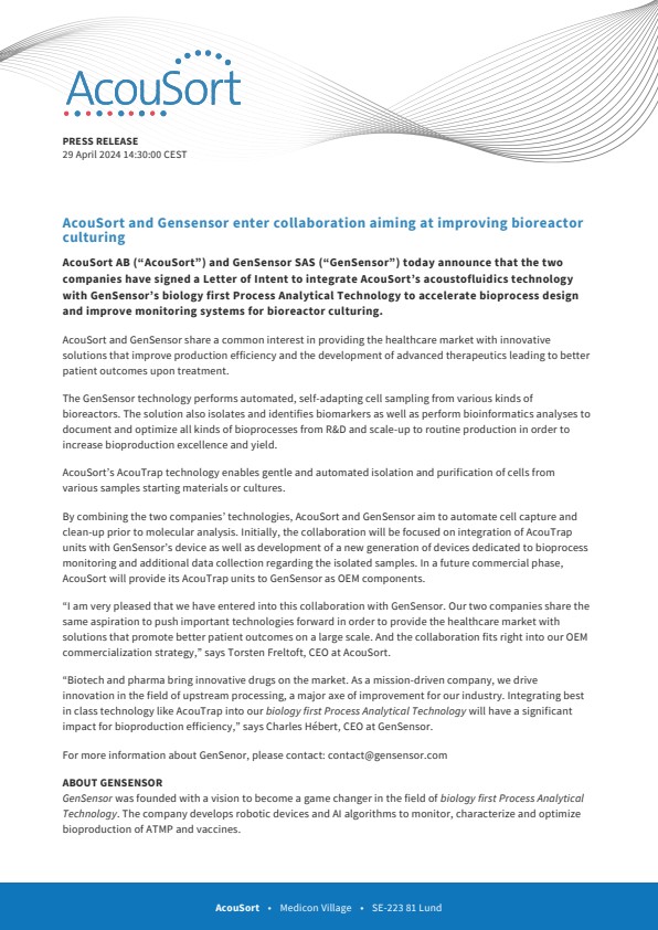 AcouSort and Gensensor enter collaboration aiming at improving ...