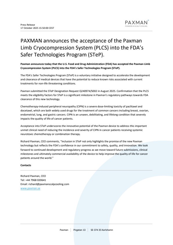 PAXMAN announces the acceptance of the Paxman Limb Cryocompression ...