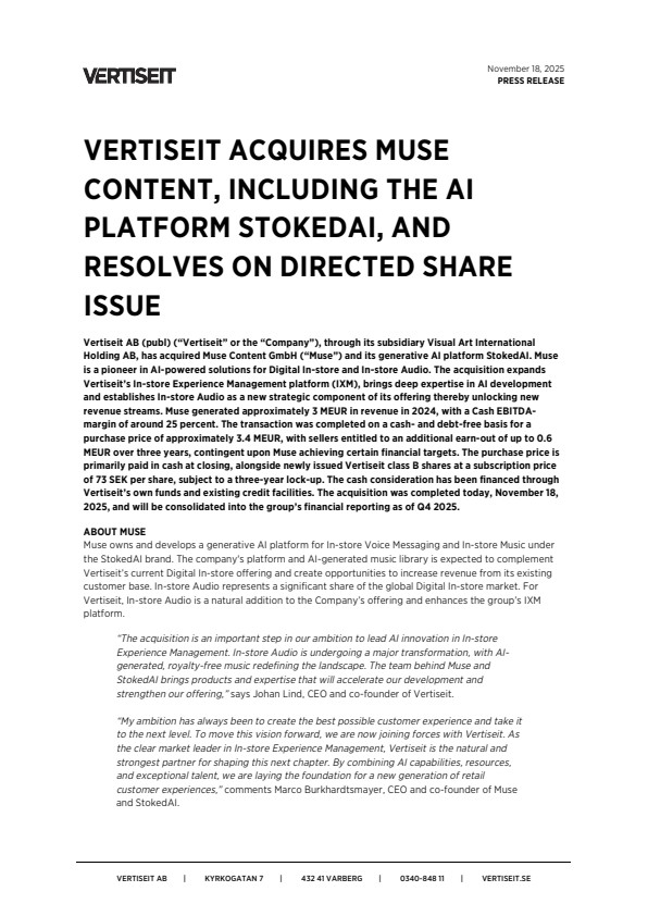 Vertiseit acquires Muse Content, including the AI Platform StokedAI, and resolves on directed ...