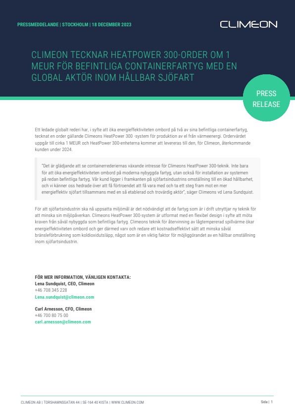 Climeon tecknar HeatPower 300-order om 1 MEUR för befintliga ...