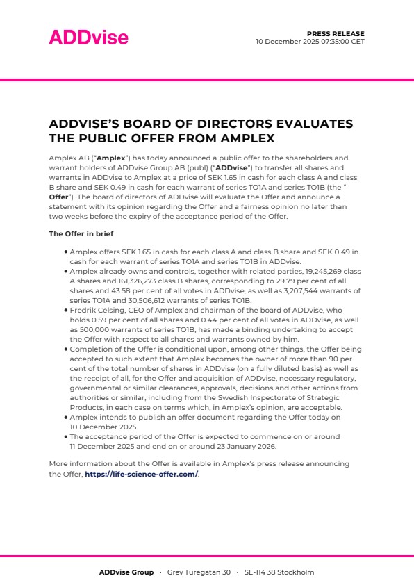 ADDvise’s board of directors evaluates the public offer from Amplex ...