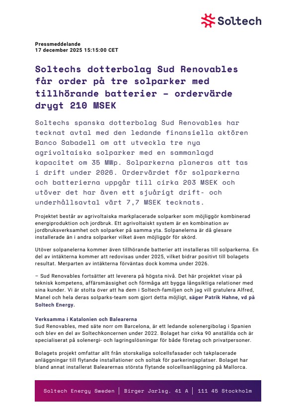 Soltechs dotterbolag Sud Renovables får order på tre solparker med tillhörande batterier ...