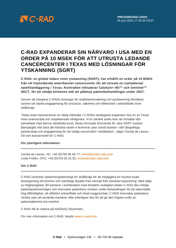 C-RAD expanderar sin närvaro i USA med en order på 10 MSEK för att ...