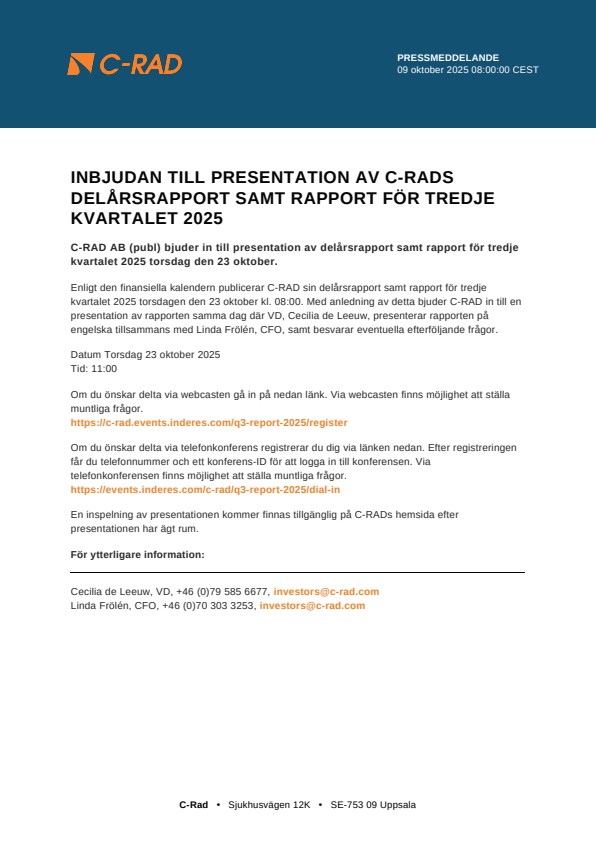 Inbjudan till presentation av C-RADs delårsrapport samt rapport för tredje kvartalet 2025 - C-RAD