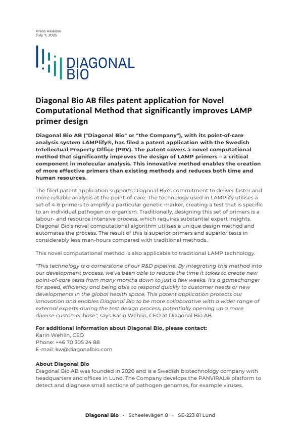 Diagonal Bio AB files patent application for Novel Computational Method ...