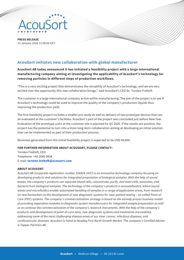AcouSort initiates new collaboration with global manufacturer - Acousort