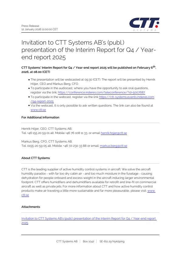 Invitation to CTT Systems AB’s (publ.) presentation of the Interim ...
