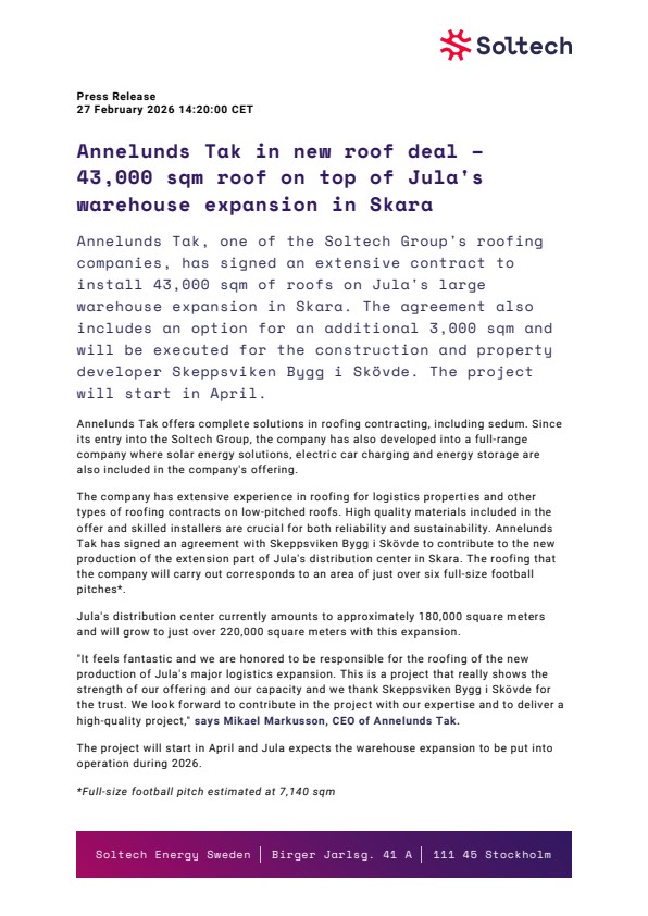 Annelunds Tak in new roof deal – 43,000 sqm roof on top of Jula’s ...