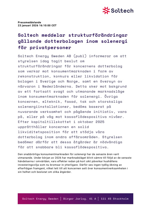 Soltech meddelar strukturförändringar gällande dotterbolagen inom solenergi för privatpersoner ...