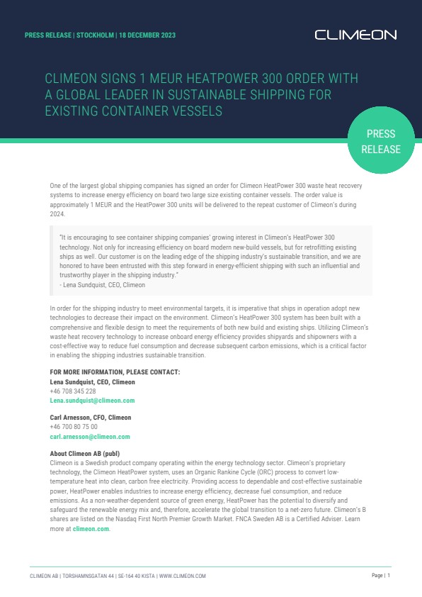 Climeon Signs 1 MEUR HeatPower 300 Order with a Global Leader in ...