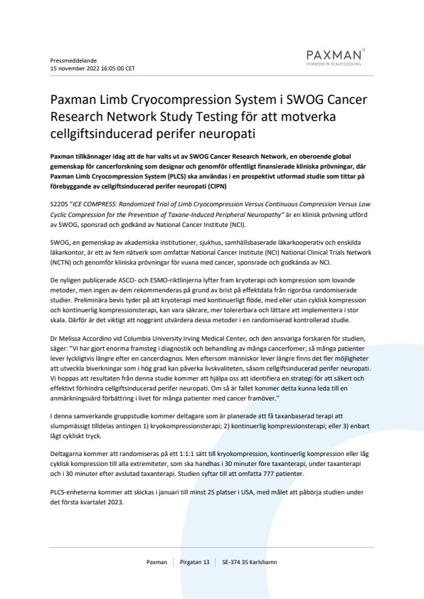Paxman Limb Cryocompression System i SWOG Cancer Research Network Study ...