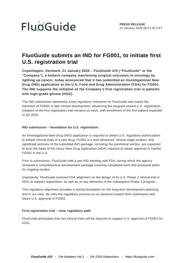 FluoGuide submits an IND for FG001, to initiate first U.S. registration ...