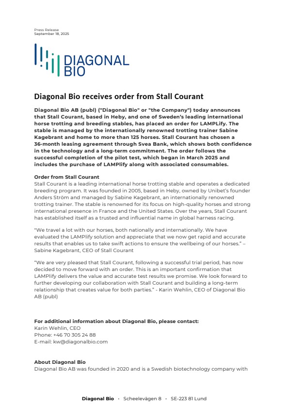 Diagonal Bio receives order from Stall Courant | Diagonal Bio