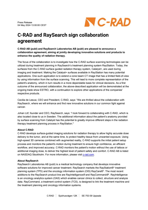 C-RAD and RaySearch sign collaboration agreement - C-RAD