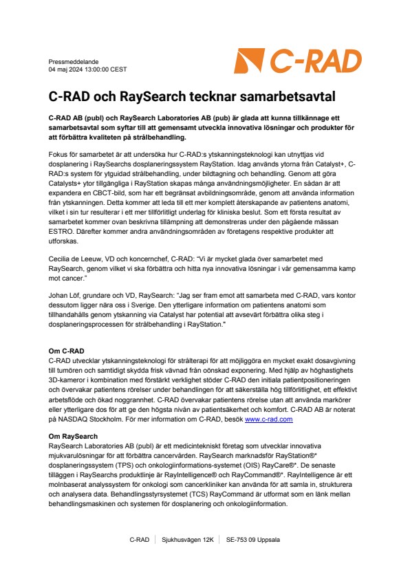 C-RAD och RaySearch tecknar samarbetsavtal - C-RAD