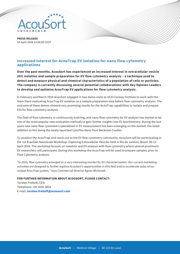 Increased interest for AcouTrap EV isolation for nano flow cytometry ...