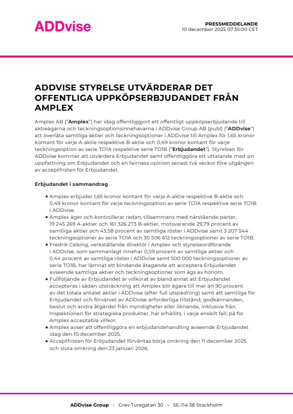 ADDvise styrelse utvärderar det offentliga uppköpserbjudandet från ...