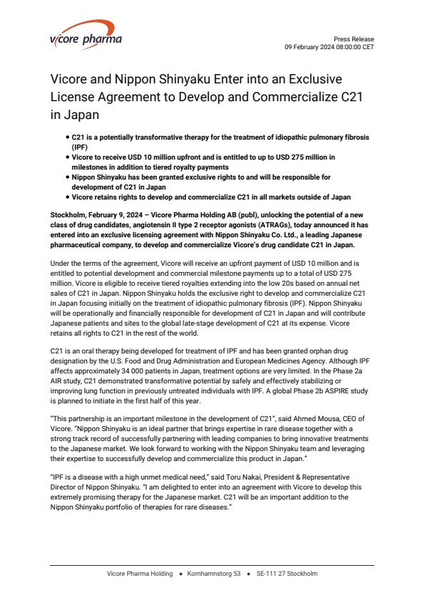 Vicore and Nippon Shinyaku Enter into an Exclusive License Agreement to Develop and ...