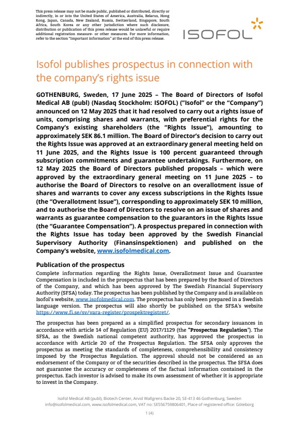 Isofol publishes prospectus in connection with the company’s rights issue - Isofol
