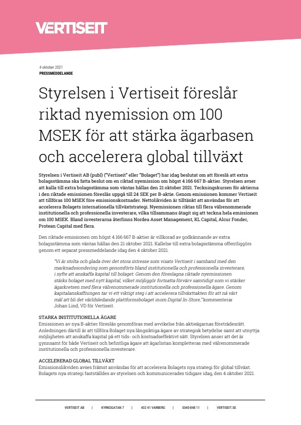 Styrelsen i Vertiseit föreslår riktad nyemission om 100 MSEK för att ...
