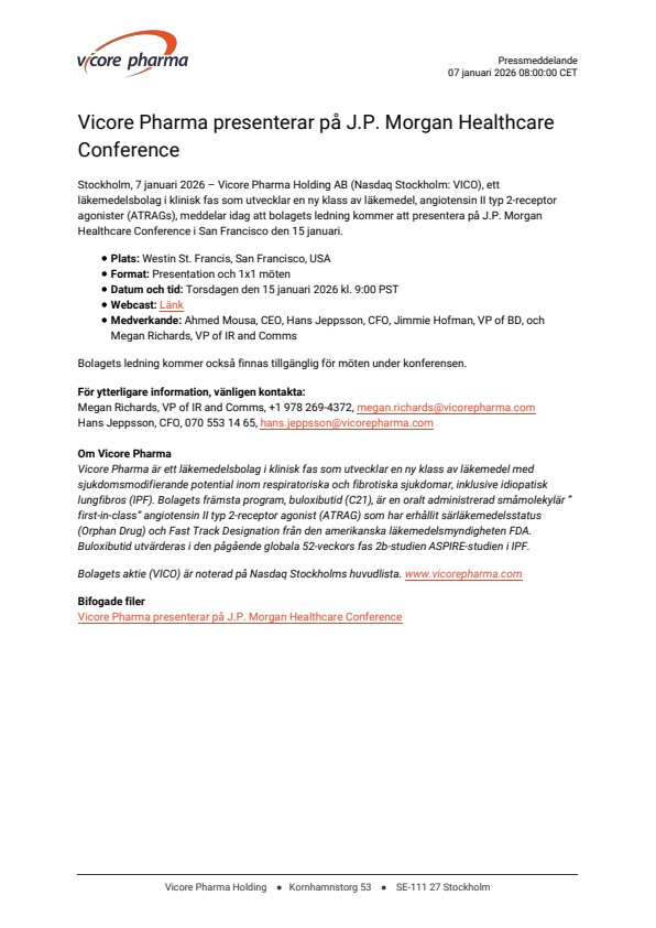 Vicore Pharma presenterar på J.P. Morgan Healthcare Conference - Vicore ...