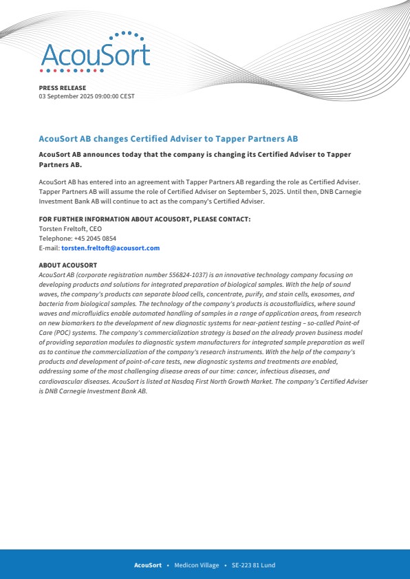 AcouSort AB changes Certified Adviser to Tapper Partners AB - Acousort