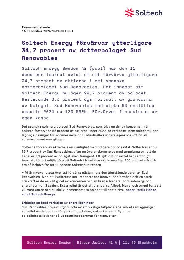 Soltech Energy förvärvar ytterligare 34,7 procent av dotterbolaget Sud Renovables | Soltech ...