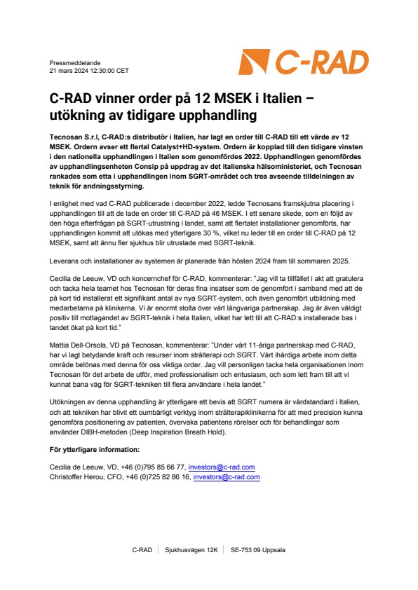 C-RAD vinner order på 12 MSEK i Italien – utökning av tidigare ...
