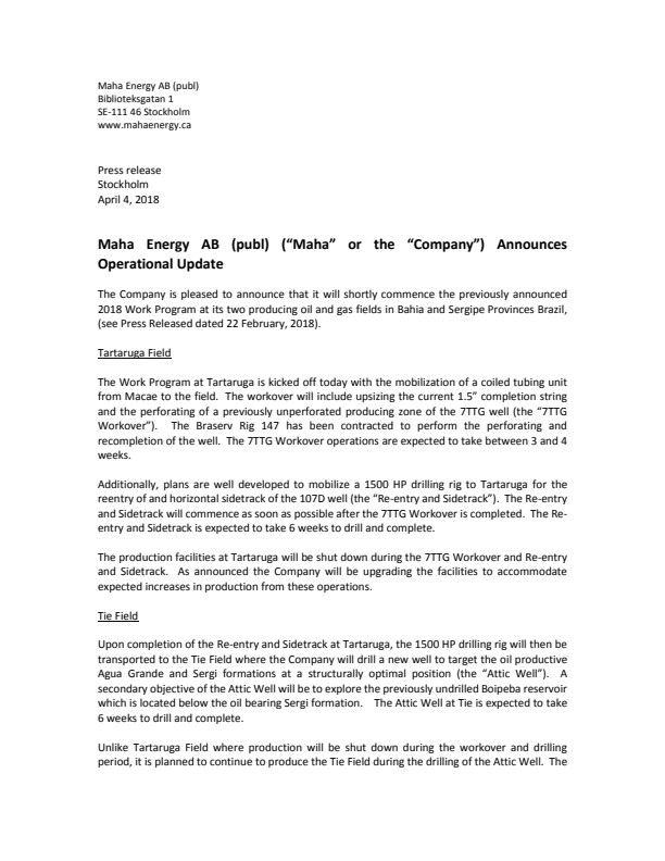 Maha Energy AB: Announces Operational Update – Maha Capital