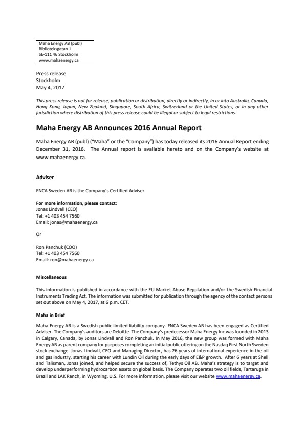 Maha Energy AB: Announces 2016 Annual Report – Maha Capital