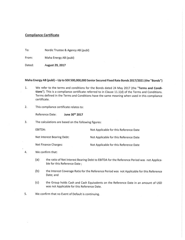 Maha Energy AB Announces Issuance of Compliance Certificate – Maha Capital