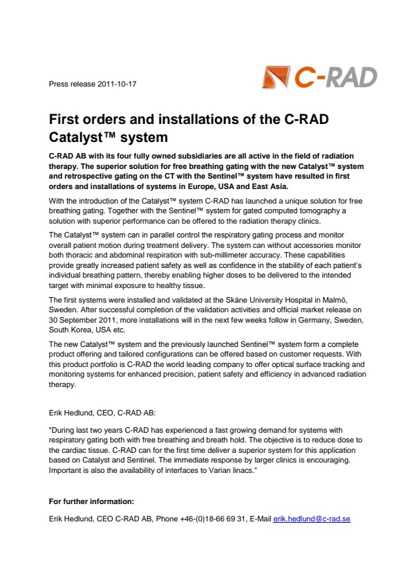 C-RAD AB: First orders and installations of the Catalyst system - C-RAD