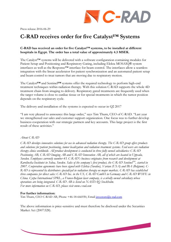 C-RAD receives order for five Catalyst™ Systems - C-RAD