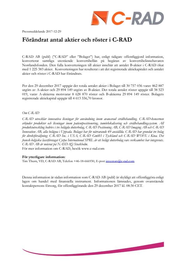 Förändrat antal aktier och röster i C-RAD - C-RAD
